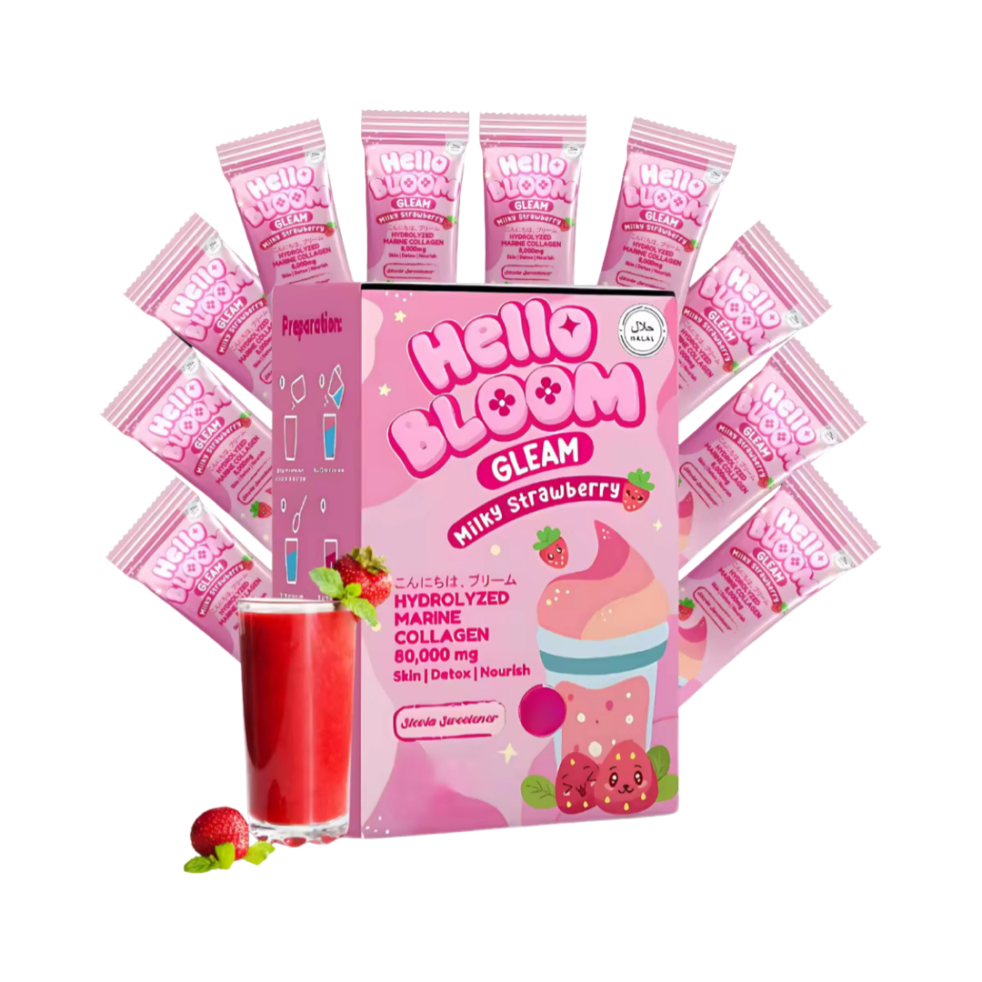 Hello Bloom Gleam Milky Strawberry, 10 Sachets x 18g – Basbox Beauty